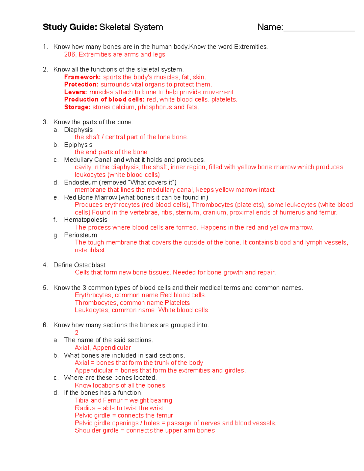 Study Guide for Skeletal System (BIO101) - Study Guide: Skeletal System ...