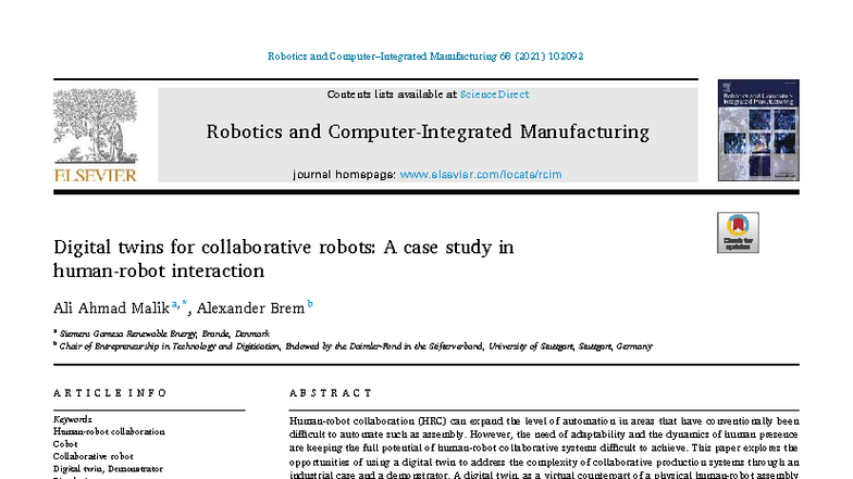 Digital Twins in Collaborative Robotics: A Case Study (Robotics and ...