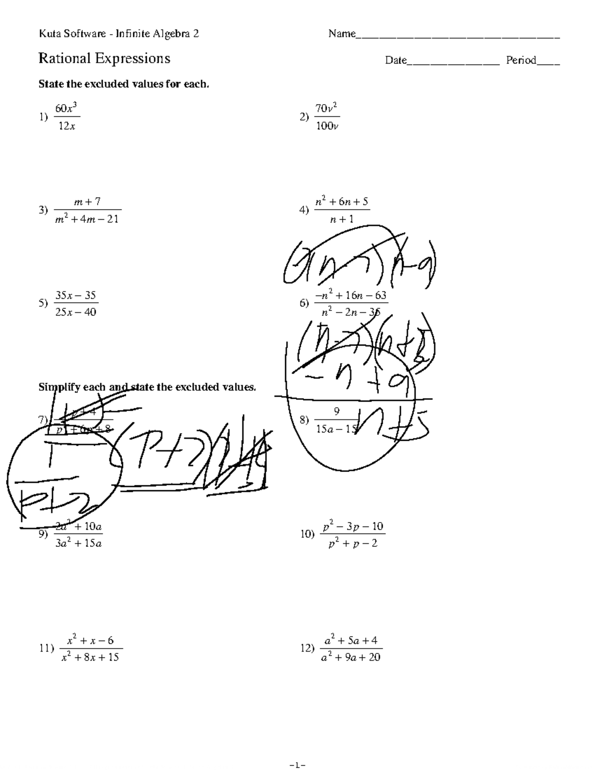 Rational Expressions - Practice - ©C g 2 q 0 g 1 U 2 H DKEu 1 tYaZ HS 0 ...