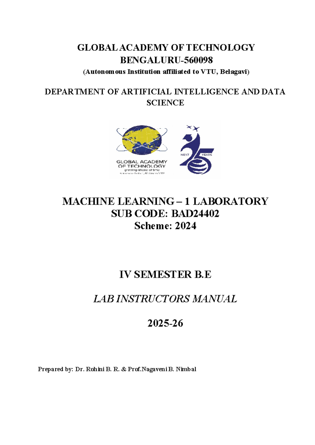 ML Laboratory Manual - BAD24402 for IV Semester B.E. - Studocu