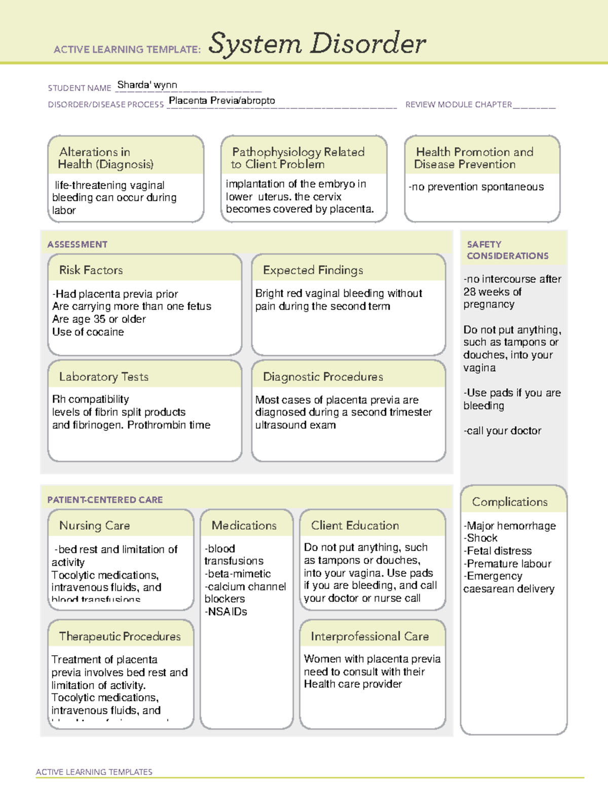 System Disorders: Placenta Previa - Active Learning Template - Studocu