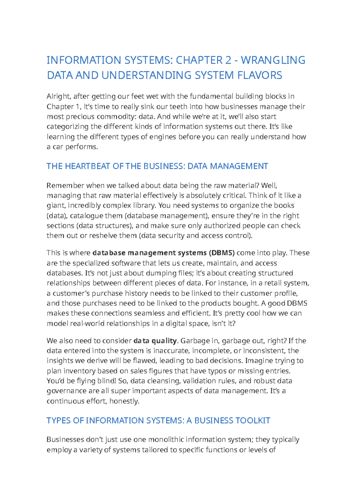 INFORMATION SYSTEMS: CHAPTER 2 DATA WRANGLING & SYSTEM TYPES - Studocu