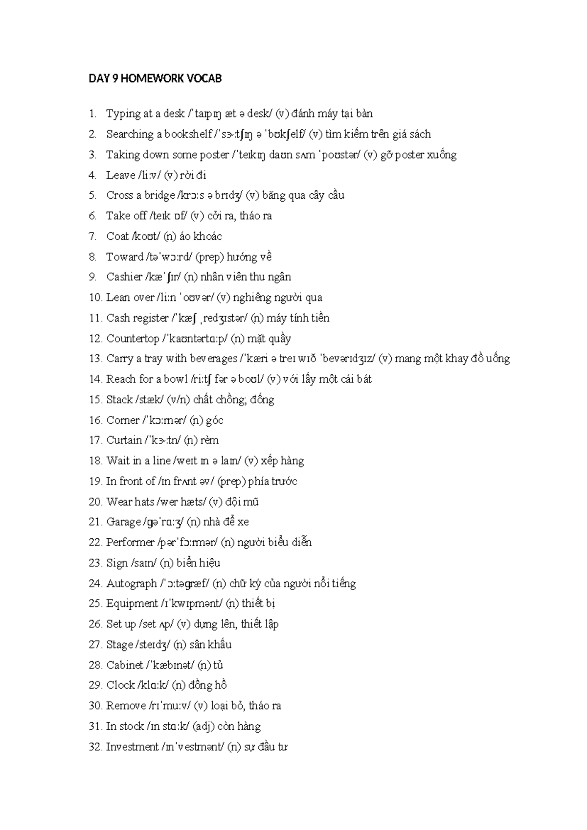 DAY 9 Homework Vocabulary List - ạhchjhjc - Studocu