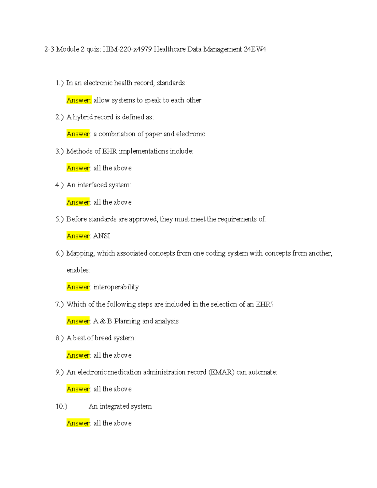 HIM-220-X4979 Module 2 Quiz Answers - Healthcare Data Management - Studocu