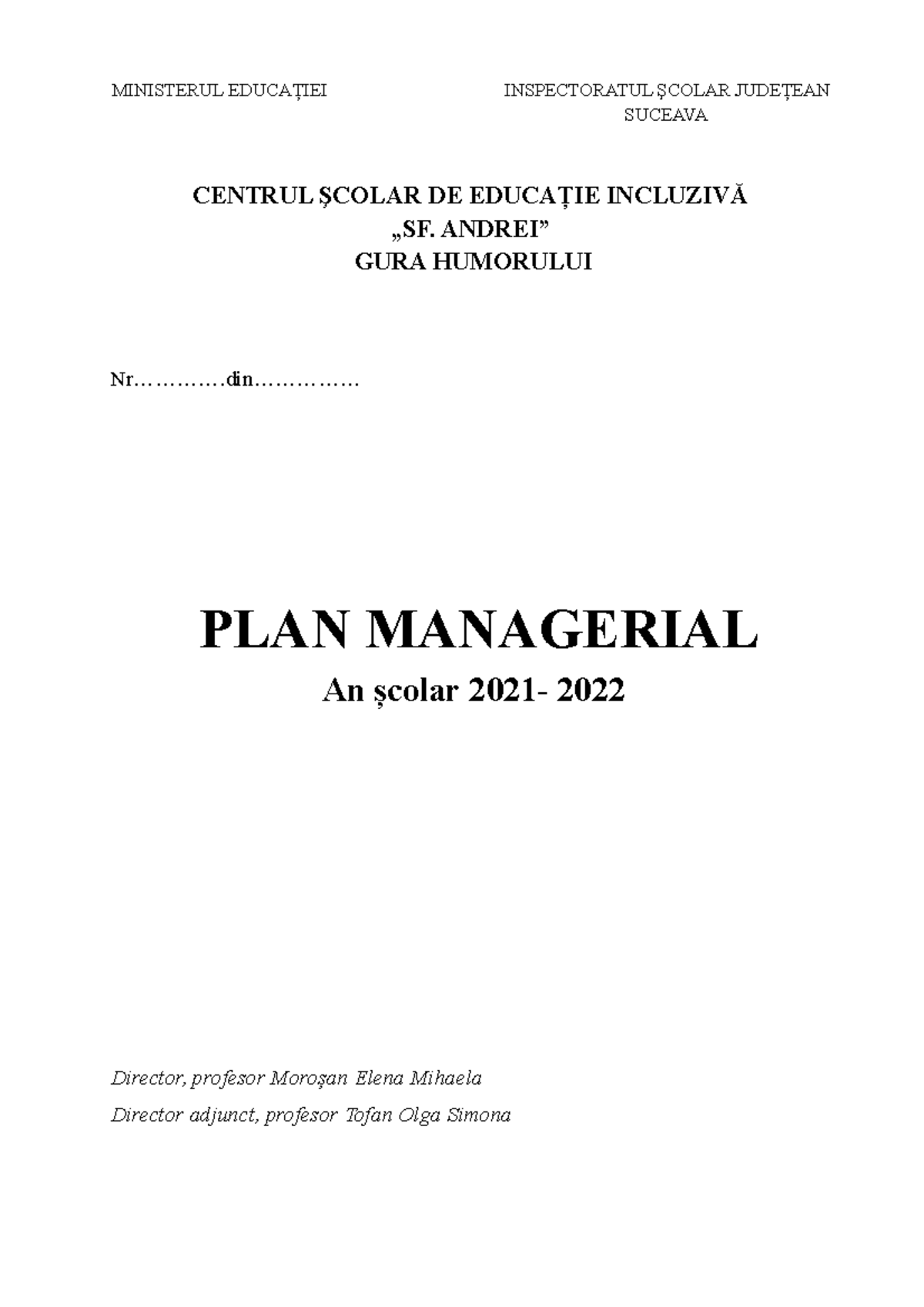 Plan managerial 2021 2022 - MINISTERUL EDUCAŢIEI INSPECTORATUL ŞCOLAR ...