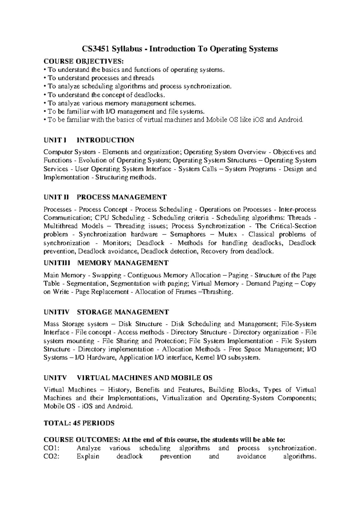 CS3451 Final Syllabus: Introduction to Operating Systems Overview - Studocu