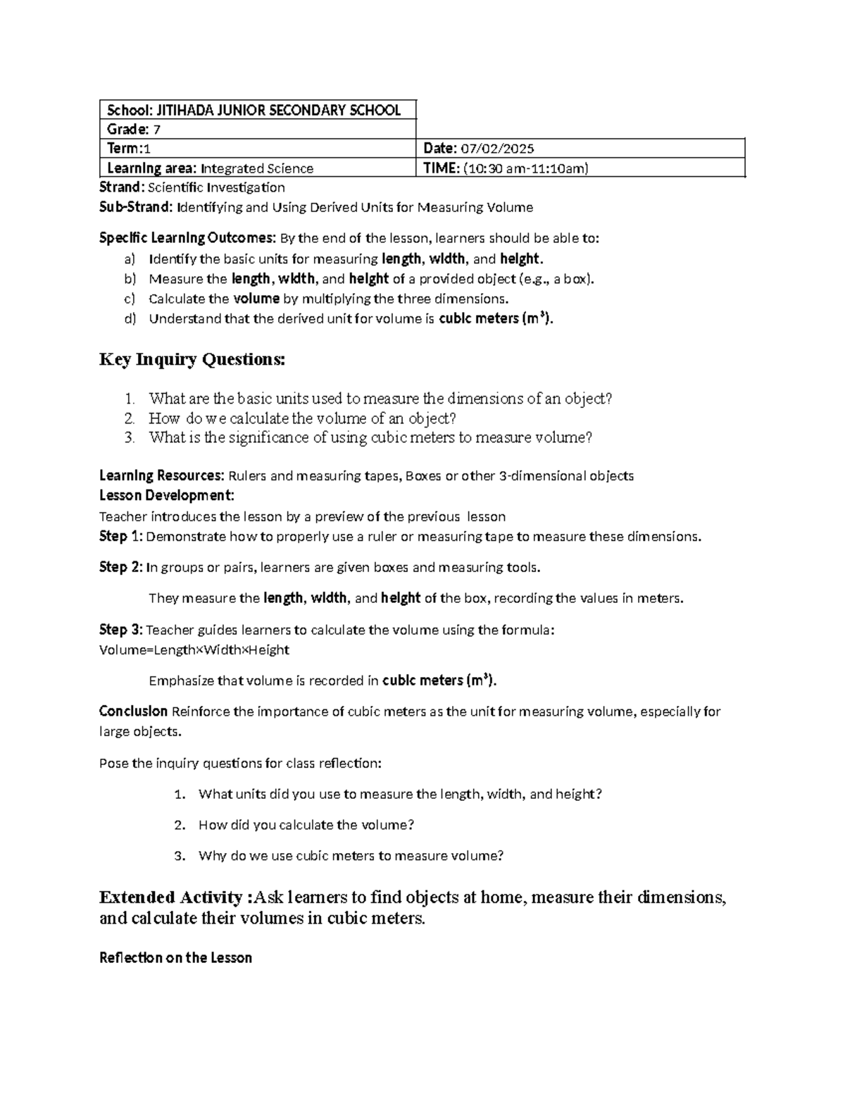 Integrated Science Lesson Plan - Measuring Volume LECTURE NOTES - Studocu