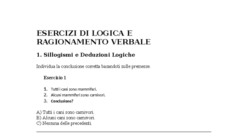 ESERCIZI DI LOGICA E RAGIONAMENTO VERBALE 1 - Esempi TOLC - Studocu