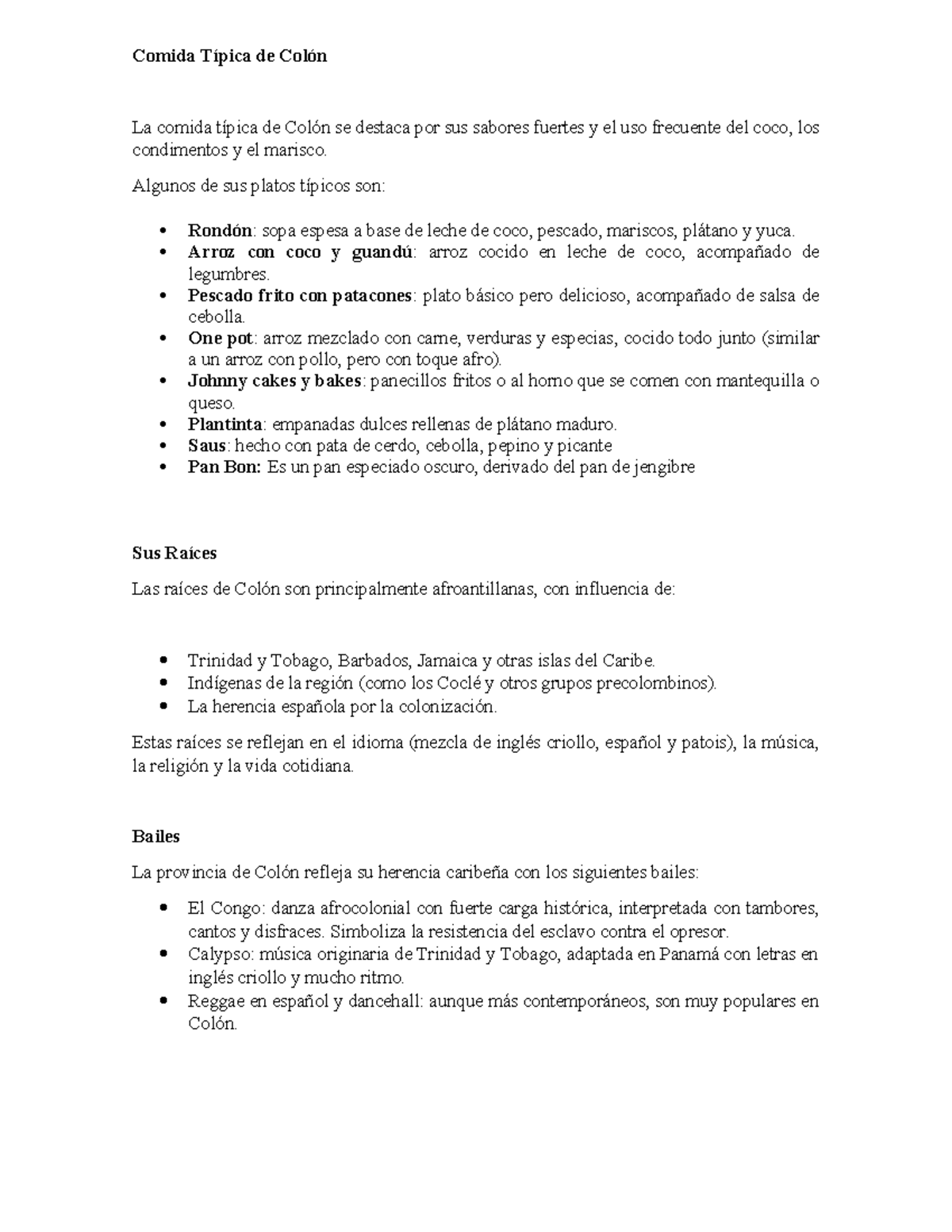 Comida Típica de Colón: Platos y Raíces Culturales - Studocu