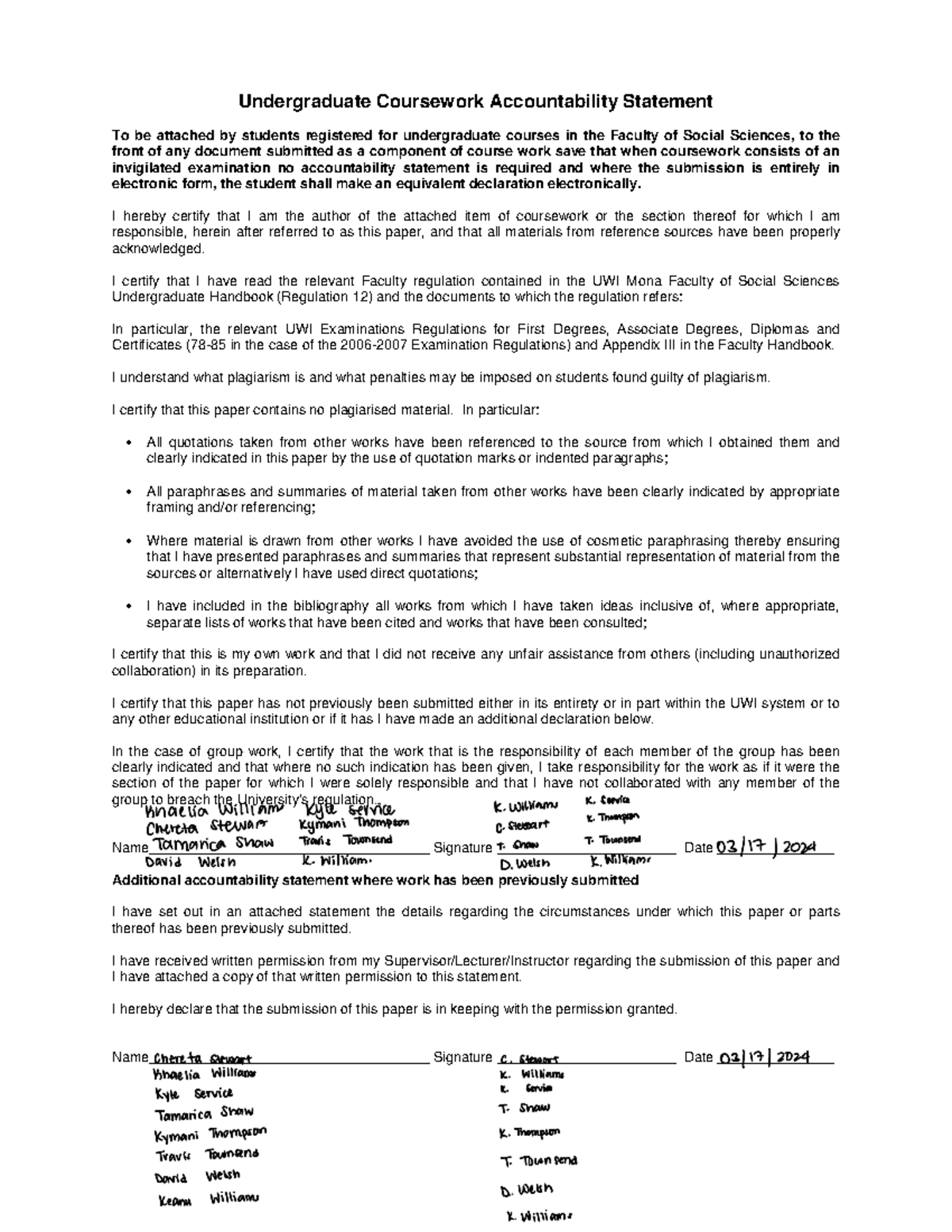 UWI SS Undergraduate Coursework Accountability Statement Guidelines ...