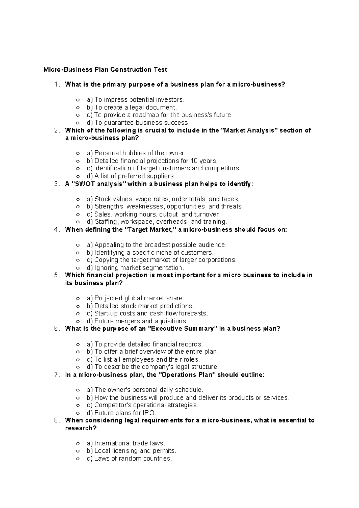 Business Plan Test 1: Key Concepts and Financial Projections - Studocu
