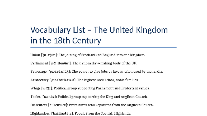 UK 18th Century Vocabulary List: Key Terms and Definitions - Studocu