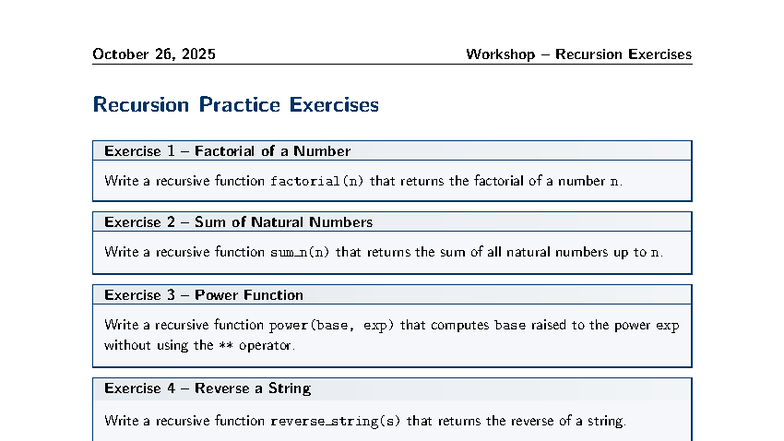 Recursion Practice Exercises - Workshop on Oct 26, 2025 - Studocu