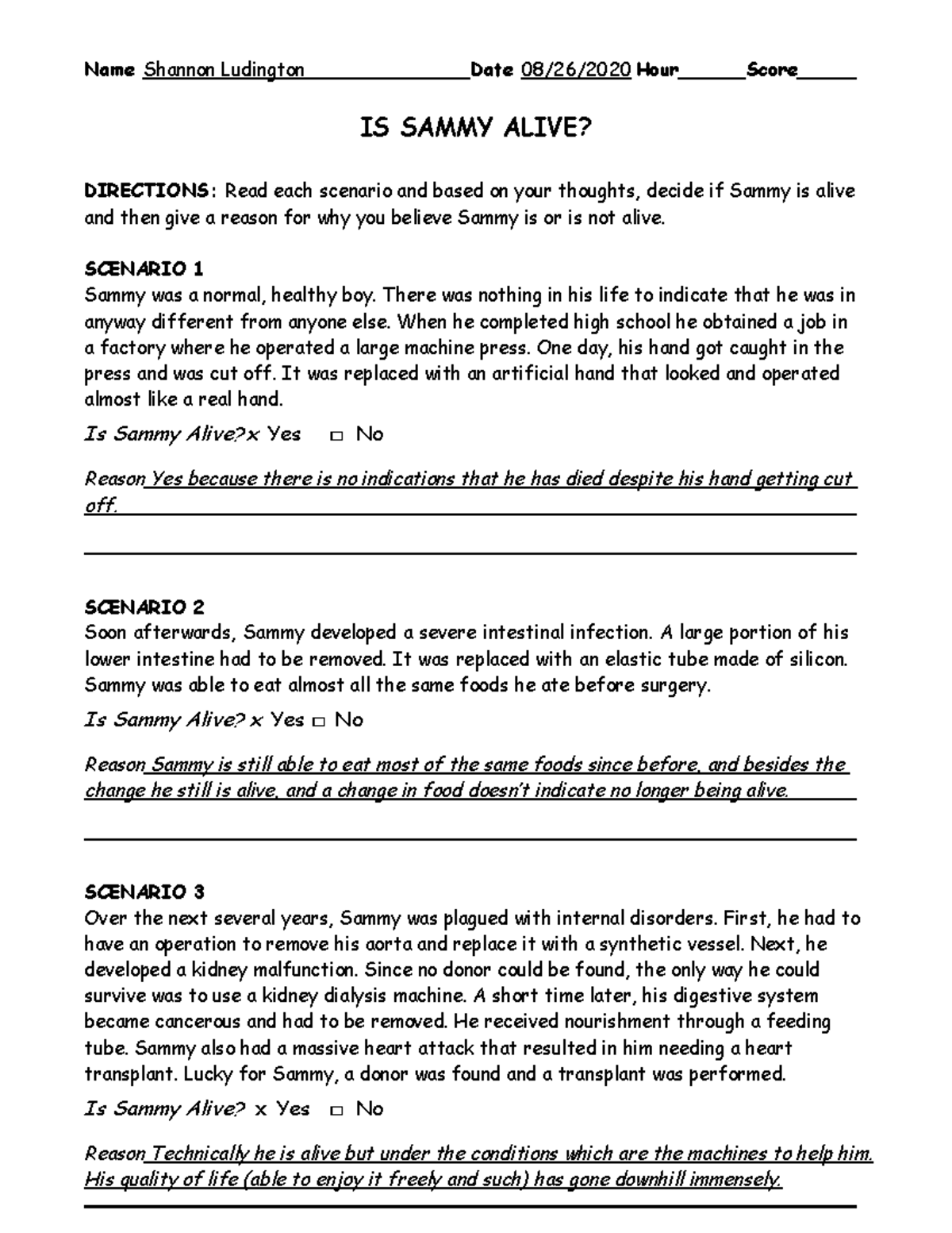 Is Sammy Alive? - In-Class Assignment Analysis & Points Evaluation ...