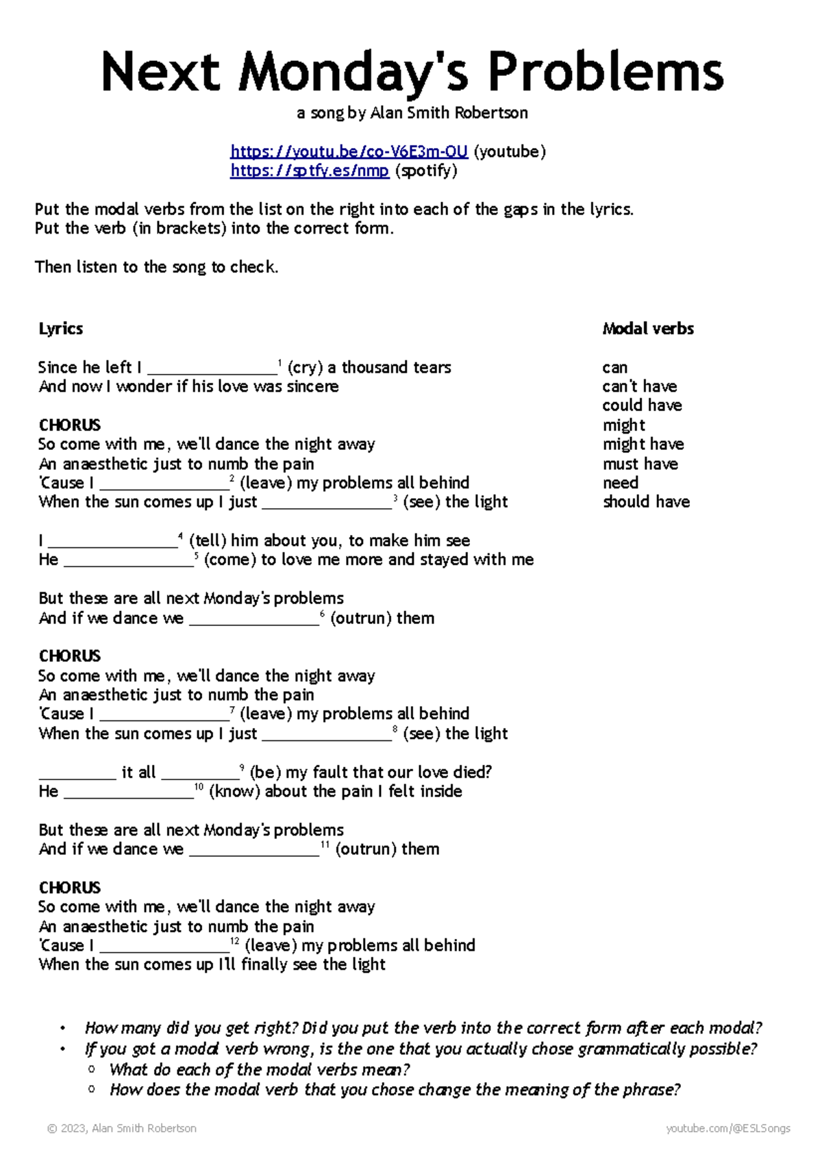 Next mondays problems worksheet - Next Monday's Problems a song by Alan ...