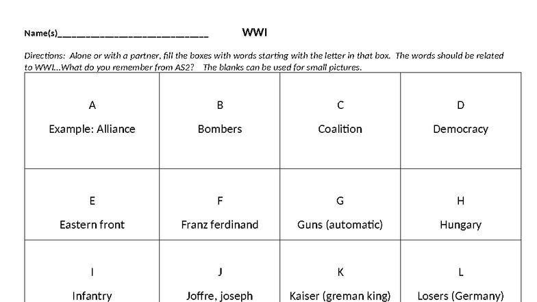 WWI Alpha Box Activity: Word Association Exercise - Studocu