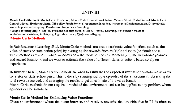 Reinforcement Learning (RL) Unit III: Monte Carlo Methods Overview ...