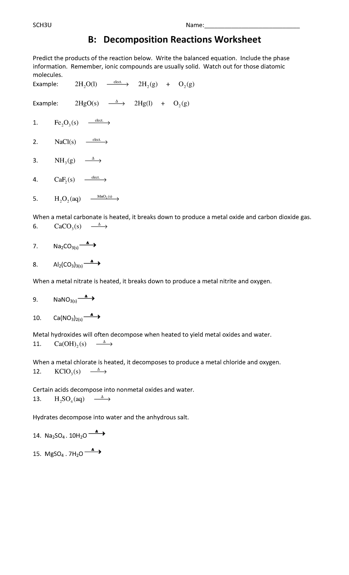 SCH3U B: Decomposition Reactions Worksheet & Balanced Equations - Studocu