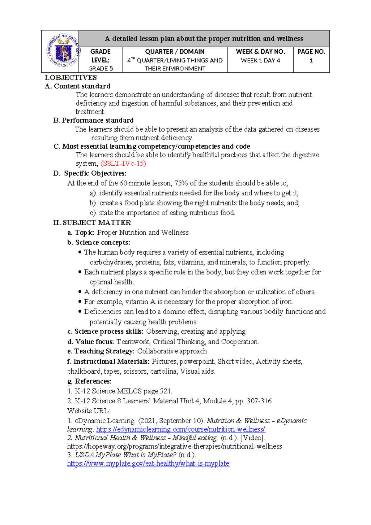 Lesson Plan on Proper Nutrition and Wellness for Science 8 (S8LT-IVc-15 ...