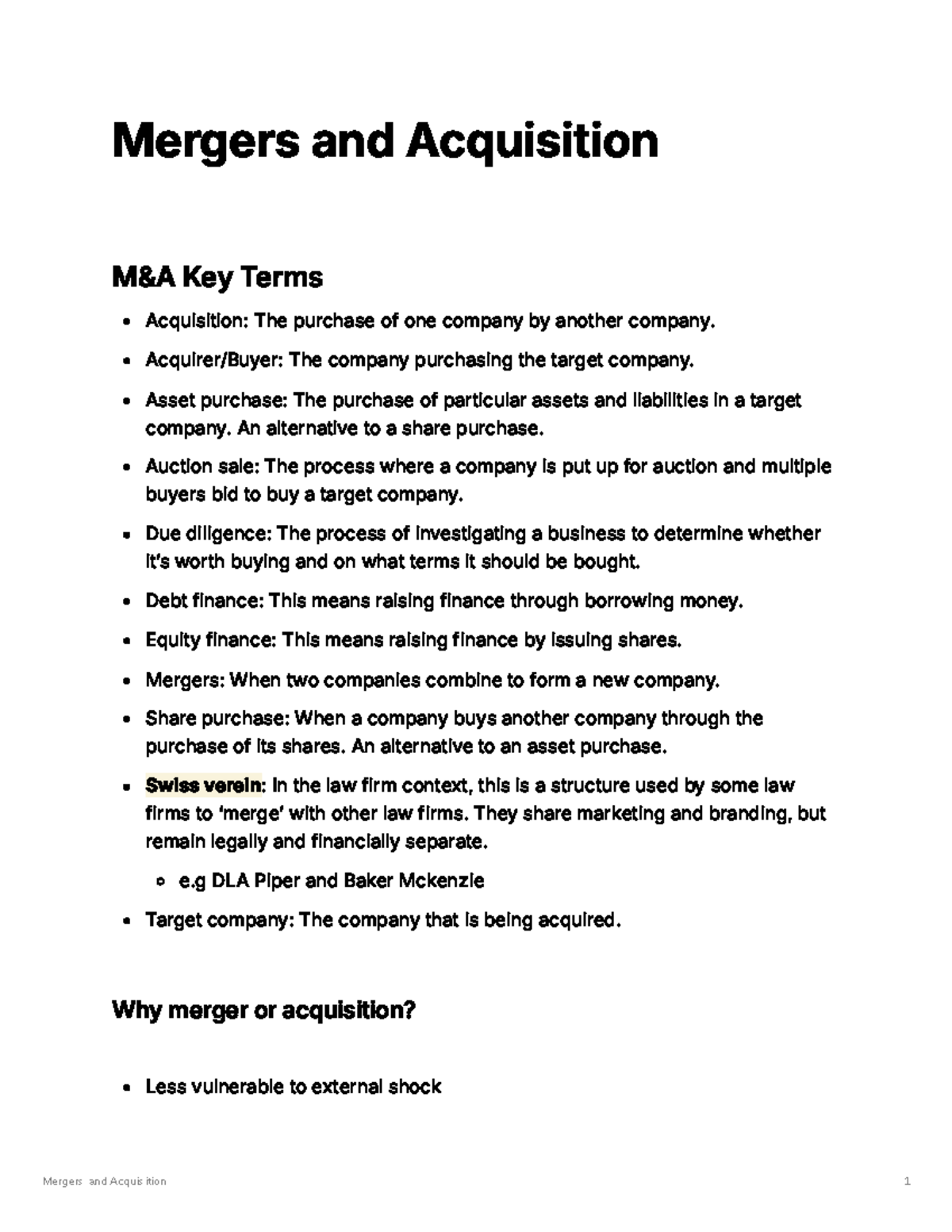 Mergers and Acquisitions: Key Terms and Concepts Overview - Studocu