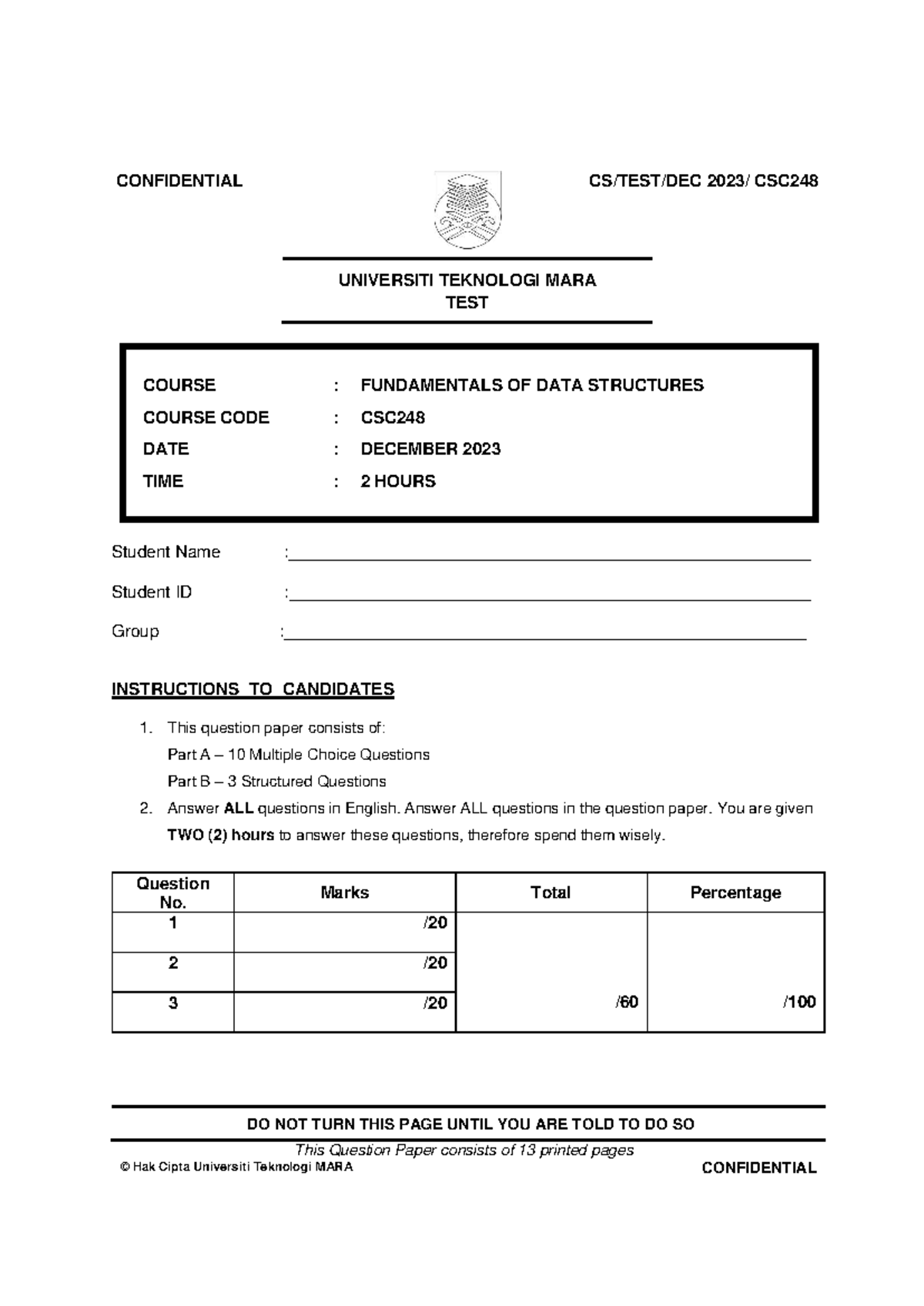 TEST CSC248 DEC 2023: Fundamentals of Data Structures Exam - Studocu