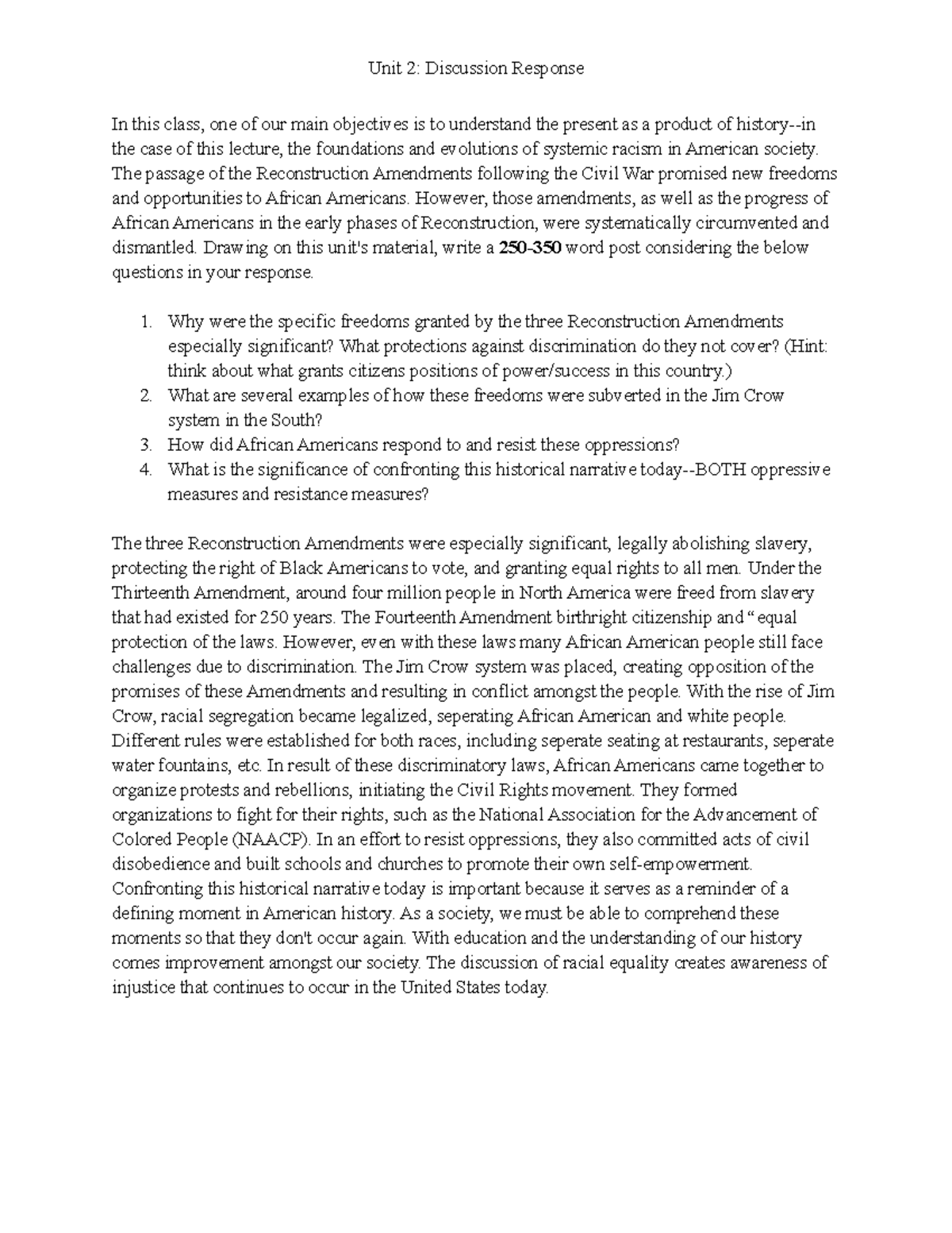 Unit 2 Discussion Response: Systemic Racism and Reconstruction ...