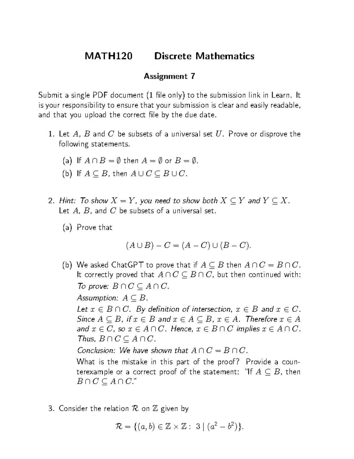 MATH120 Discrete Mathematics Assignment 7 Guidelines and Proofs - Studocu