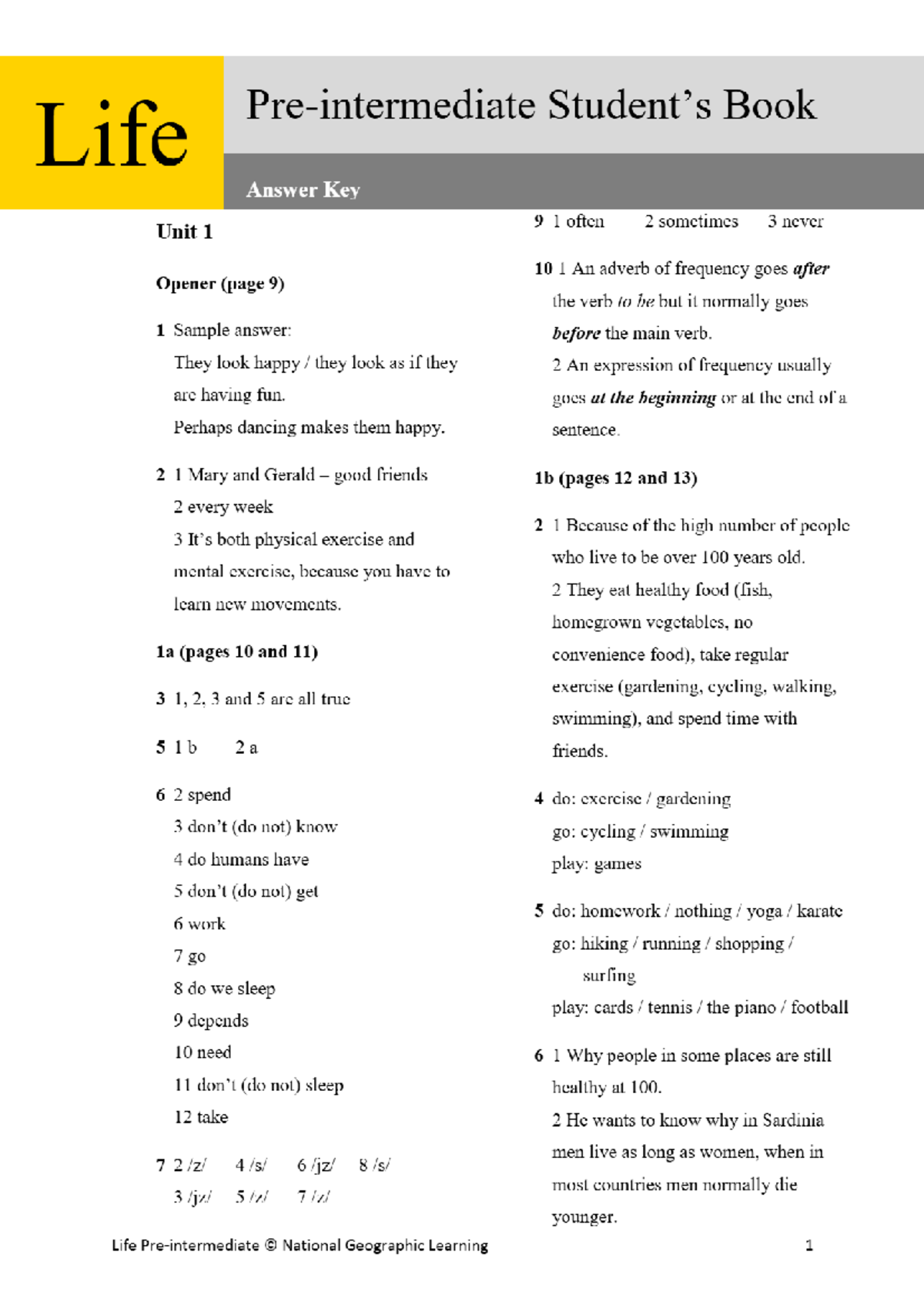 Life Pre-Intermediate Answer Key: Unit 1 Review and Exercises - Studocu