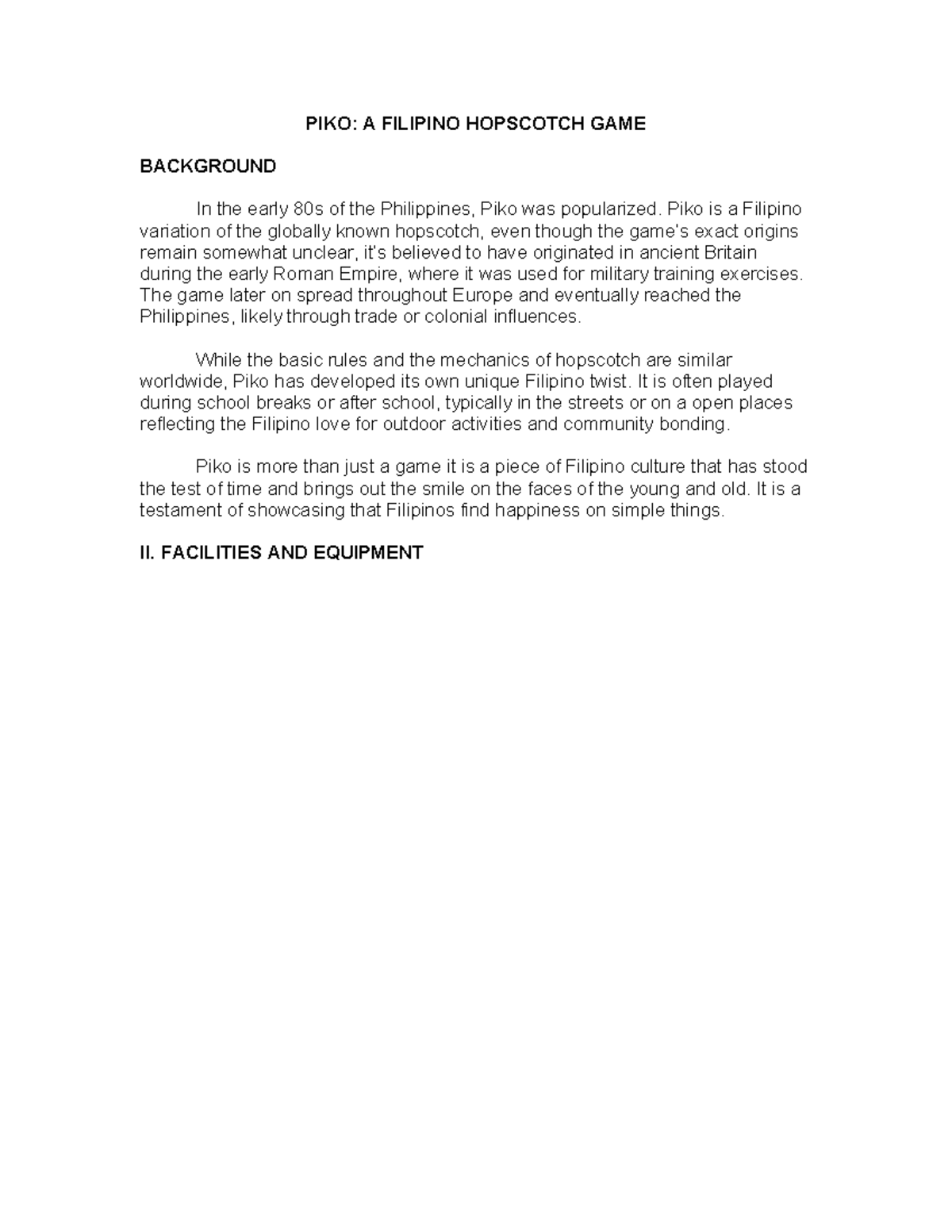 PIKO: Exploring the Filipino Variation of Hopscotch Game - Studocu