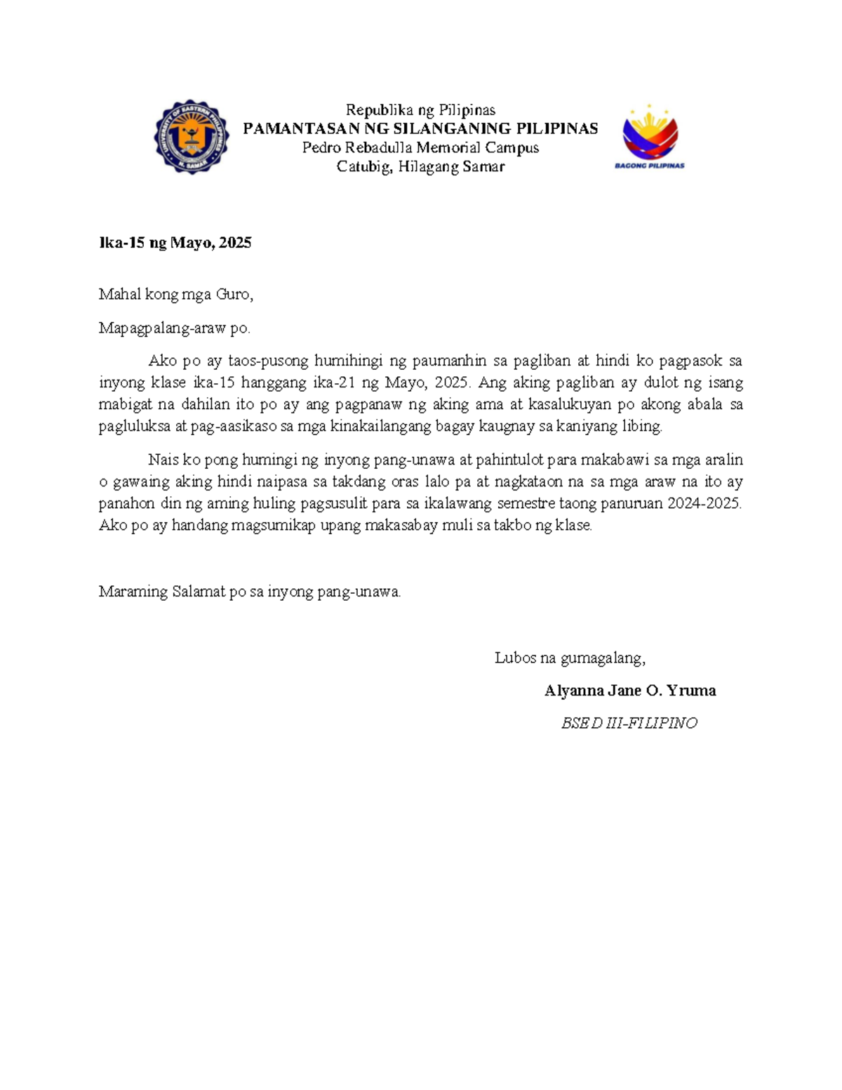 Liham ng Pahintulot para sa Pagliban sa Klase - BSED 2025 - Studocu