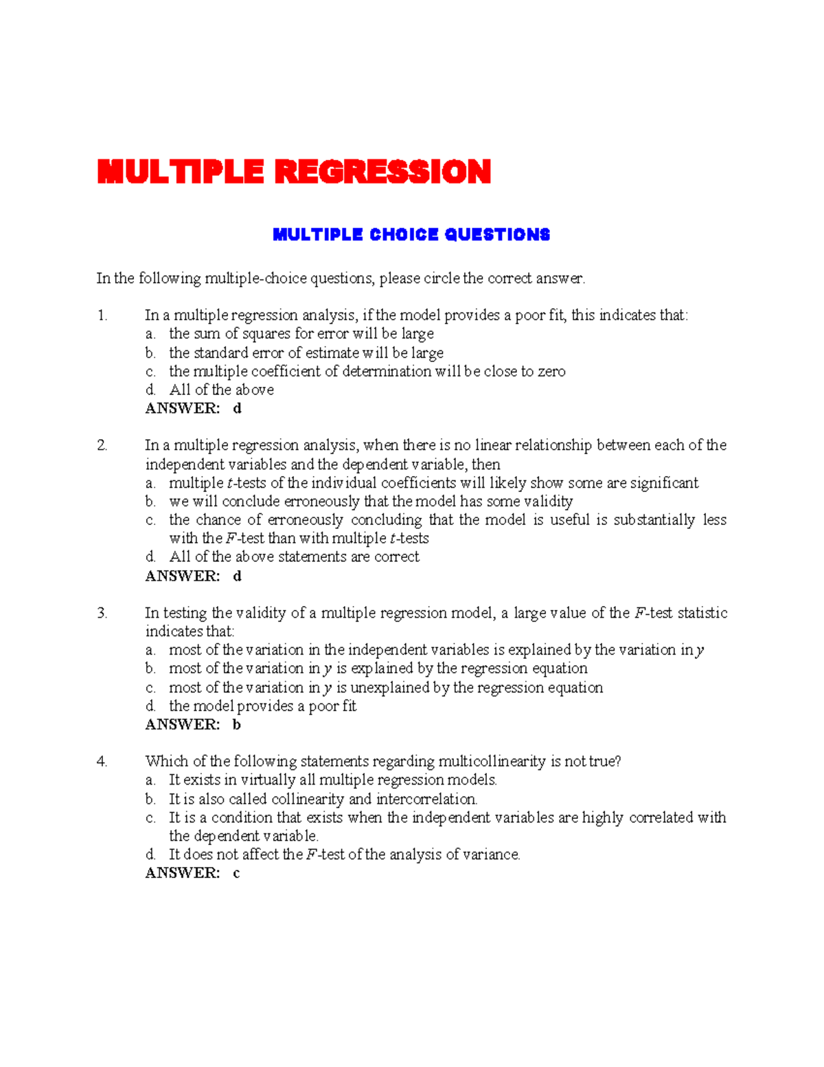 Multiple Regression Analysis MCQ Review (Course Code: MATH101) - Studocu