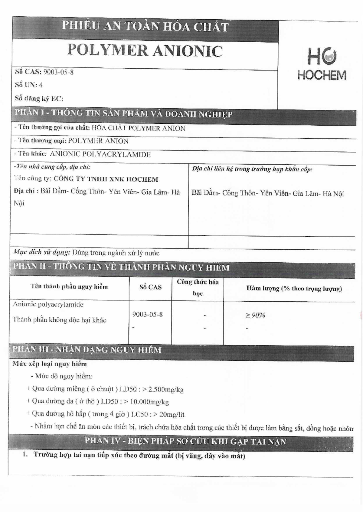 MSDS Polymer Anionic - Trường ĐH Kinh Doanh & CN Hà Nội - Studocu