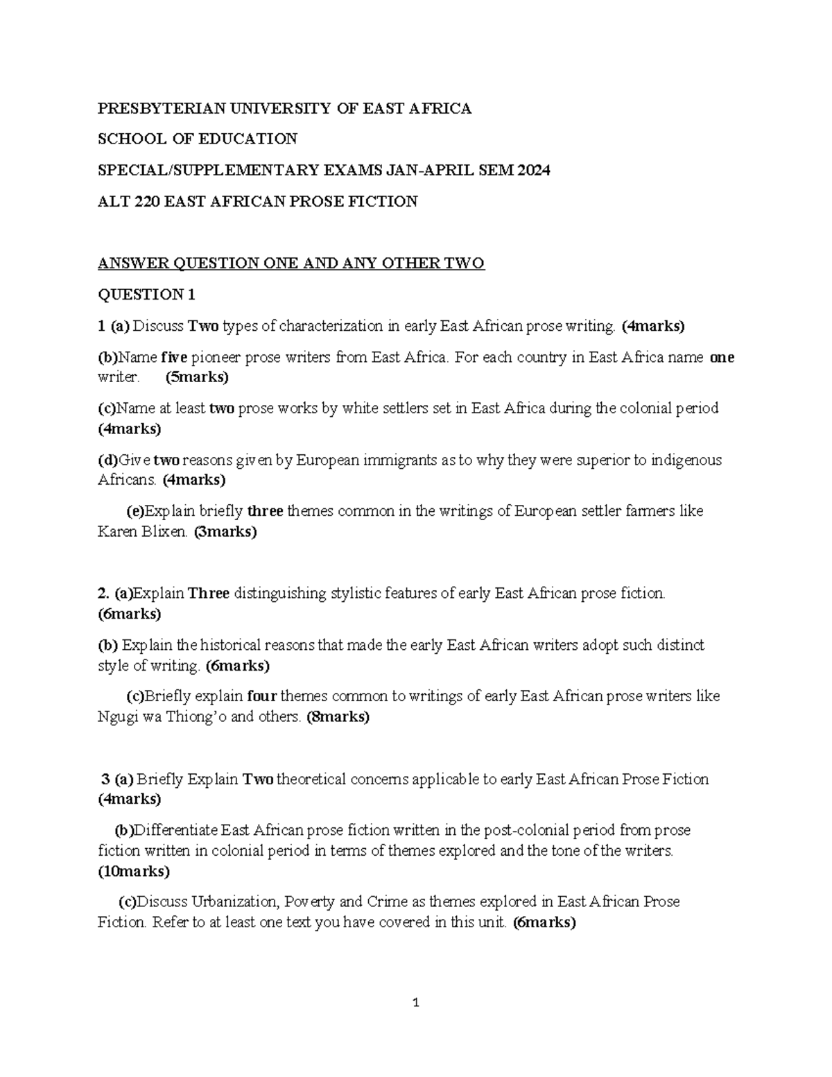 ALT 220 East African Prose Fiction Exam Questions & Analysis 2024 - Studocu