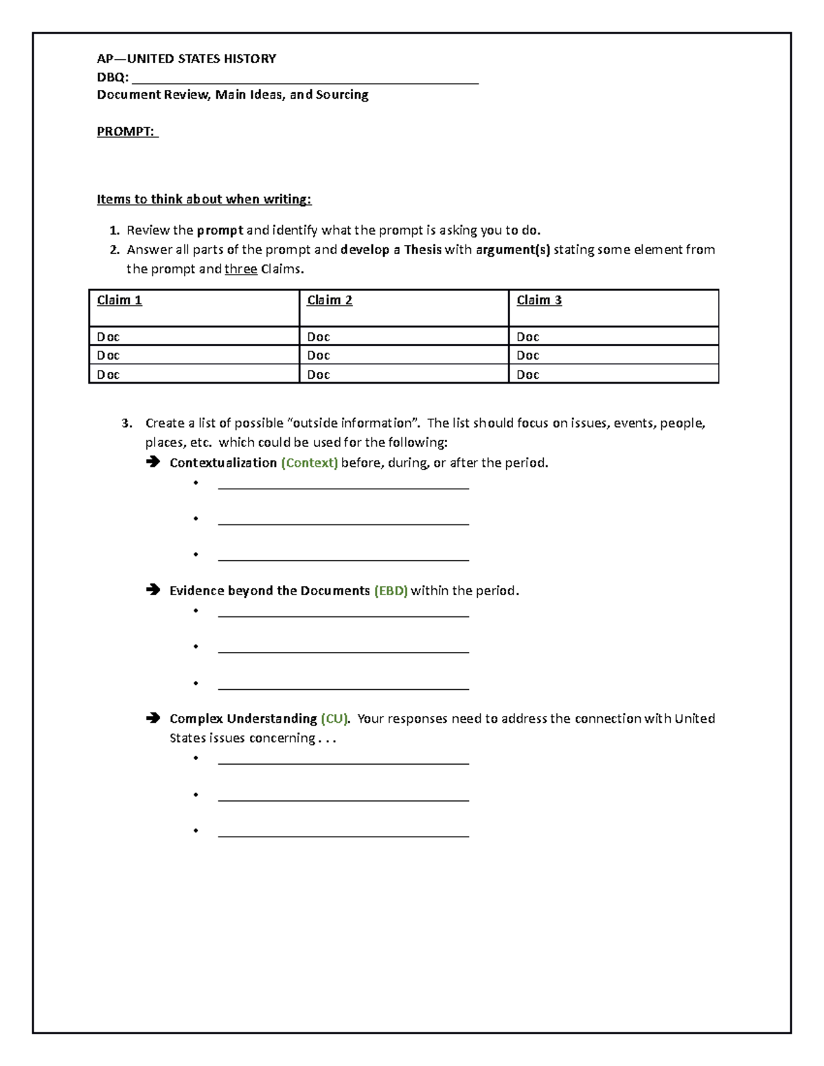 APUSH - DBQ - Sourcing, Main Ideas & Evidence Analysis - Studocu