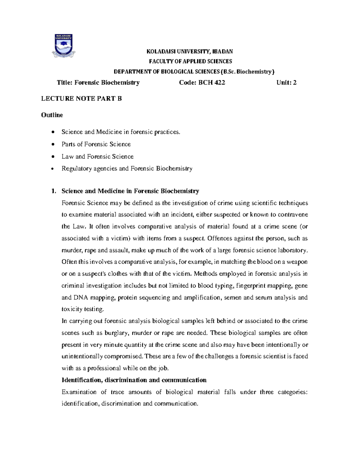 BCH422-Forensic Biochemistry Lecture Notes: Science and Law in ...