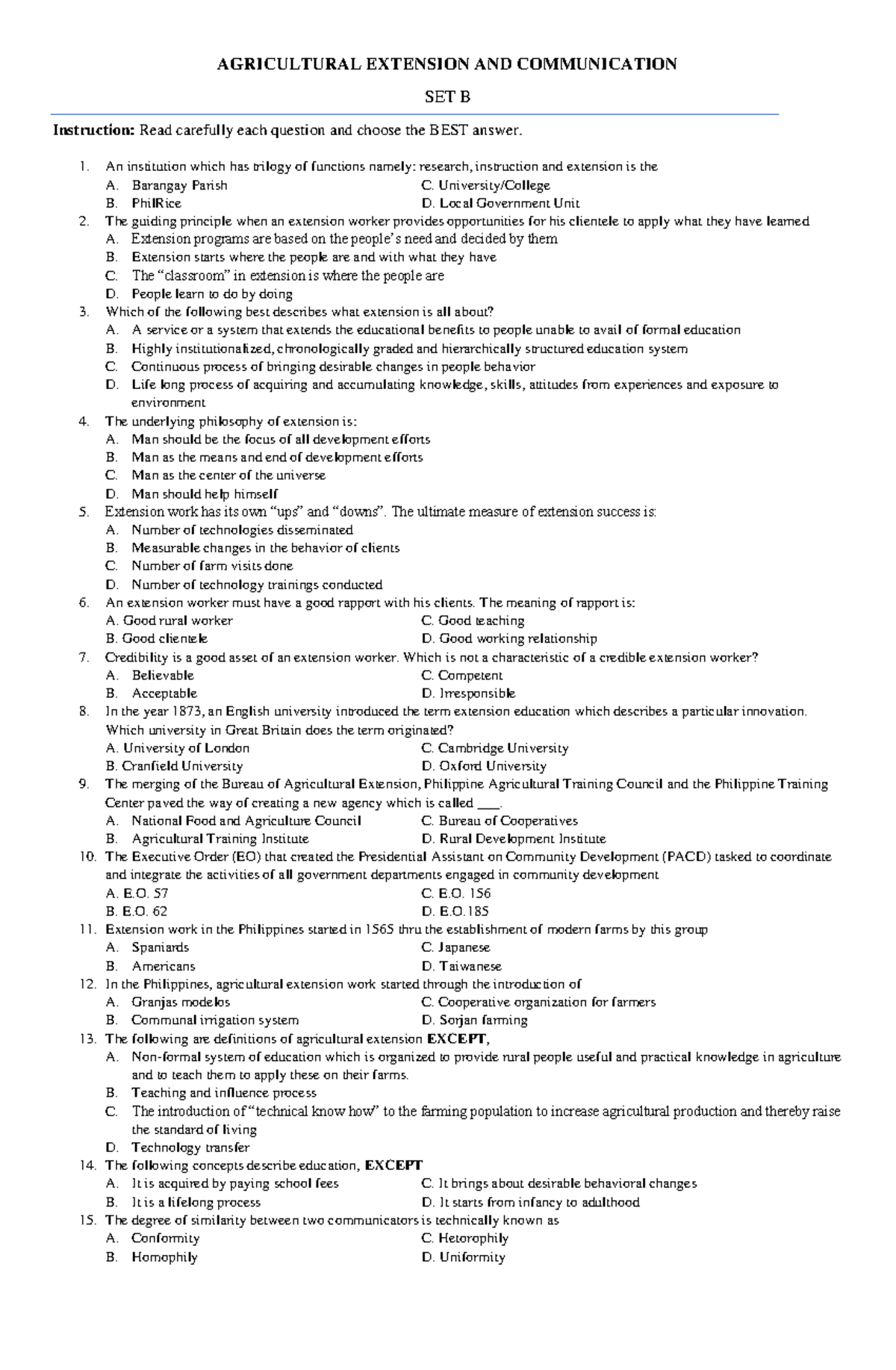Agricultural Extension and Communication SET-B Quiz Notes - Studocu