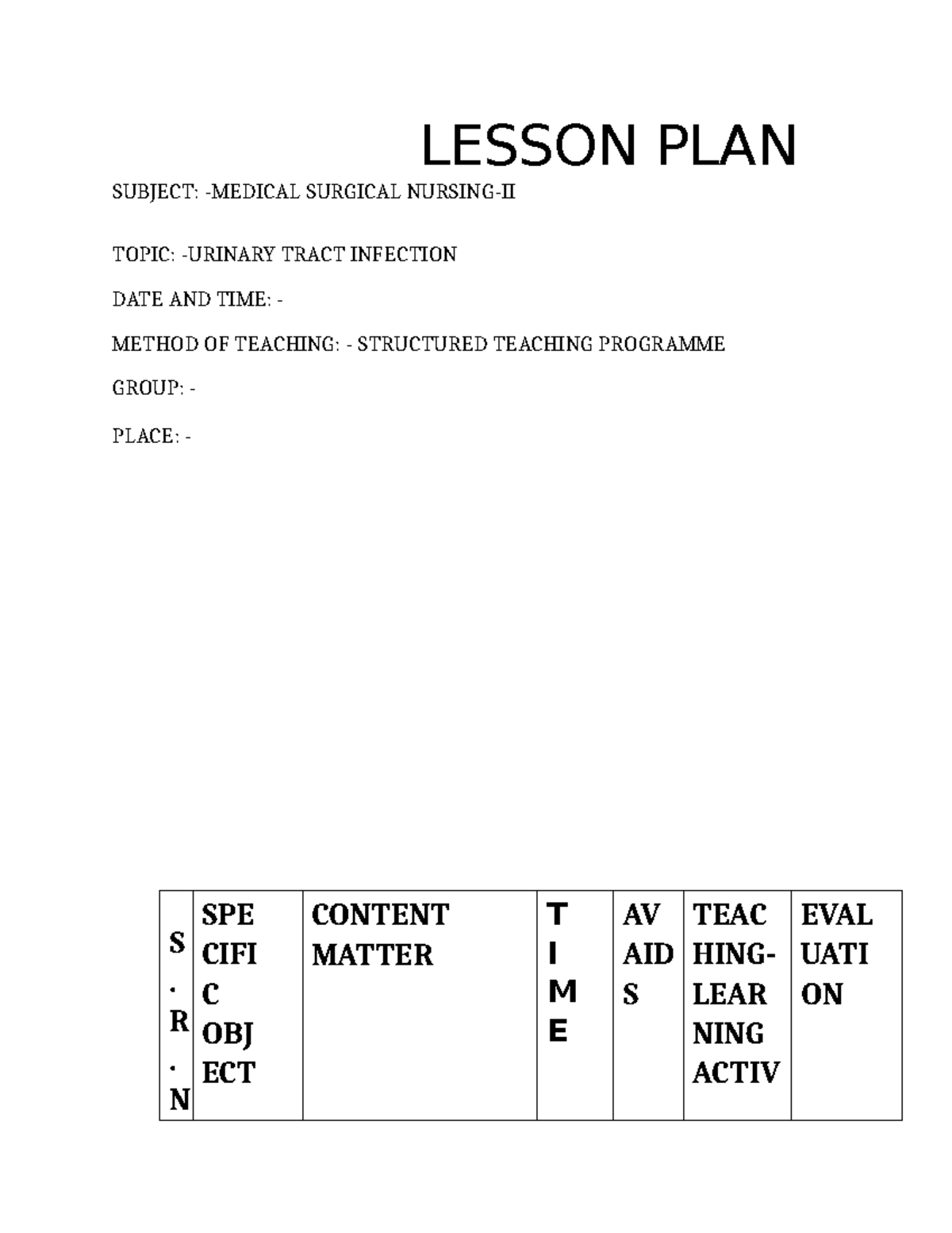 Lesson Plan for UTI in Medical Surgical Nursing-II - Studocu