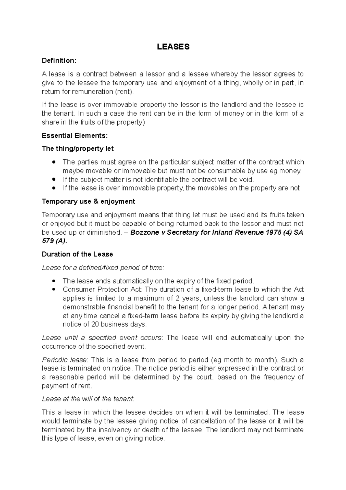 Leases - Lecture Notes 1: Essential Elements & Key Concepts - Studocu