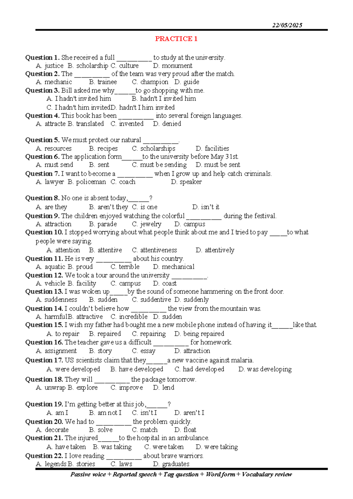 Practice 1 - English Language Quiz Questions and Answers - Studocu