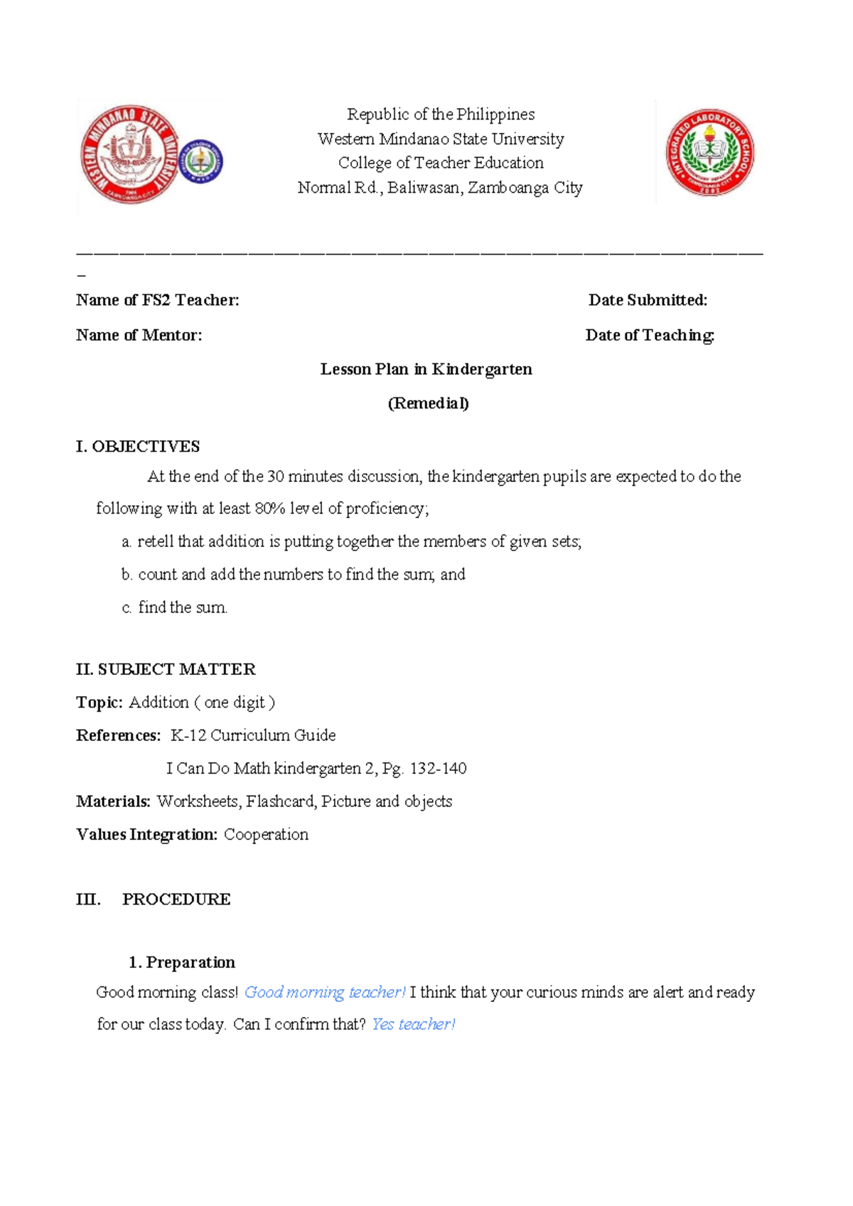Lesson Plan: Kindergarten Remedial Math (Addition) - FS2 - Studocu