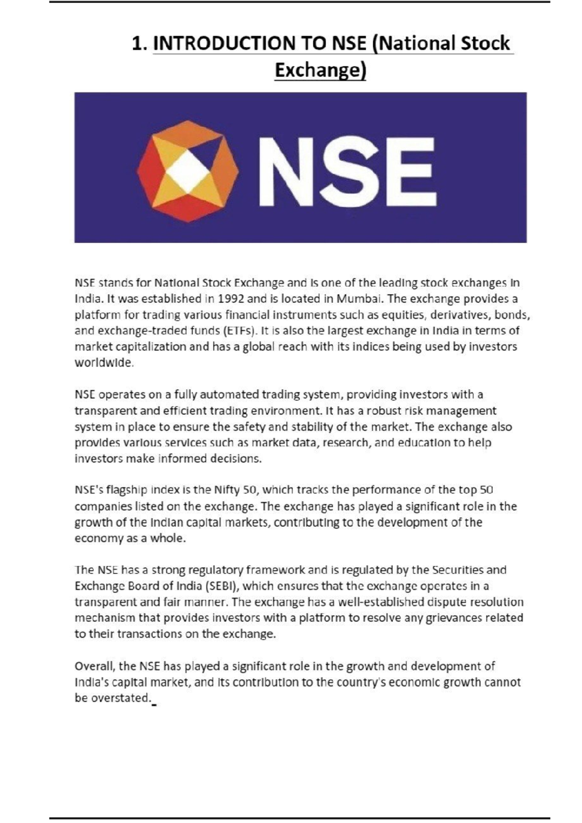 NSE Overview: History, Objectives, and Market Operations Insights - Studocu