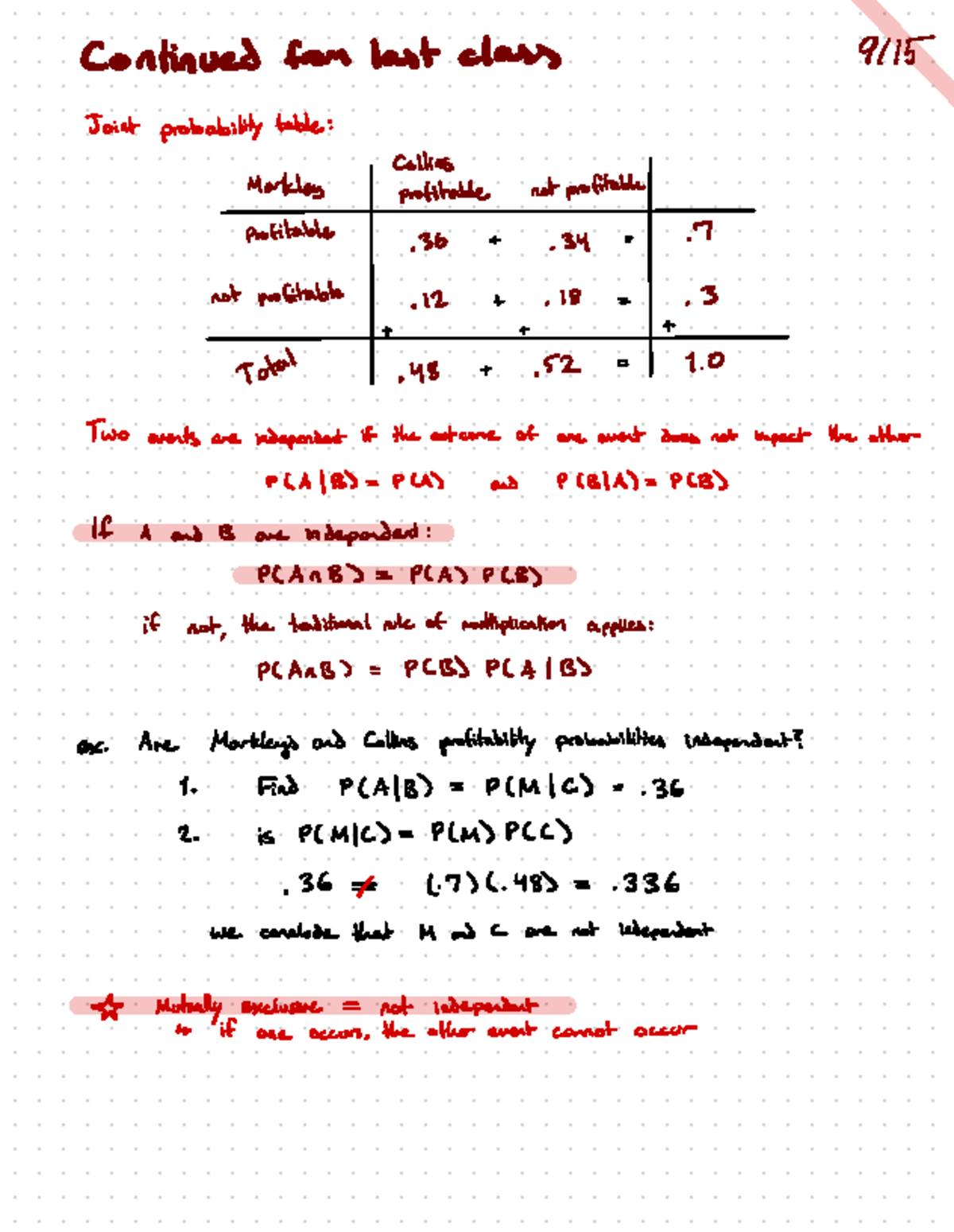 BSAD 030 continuous probability - Continued from last class 9115 Joint ...