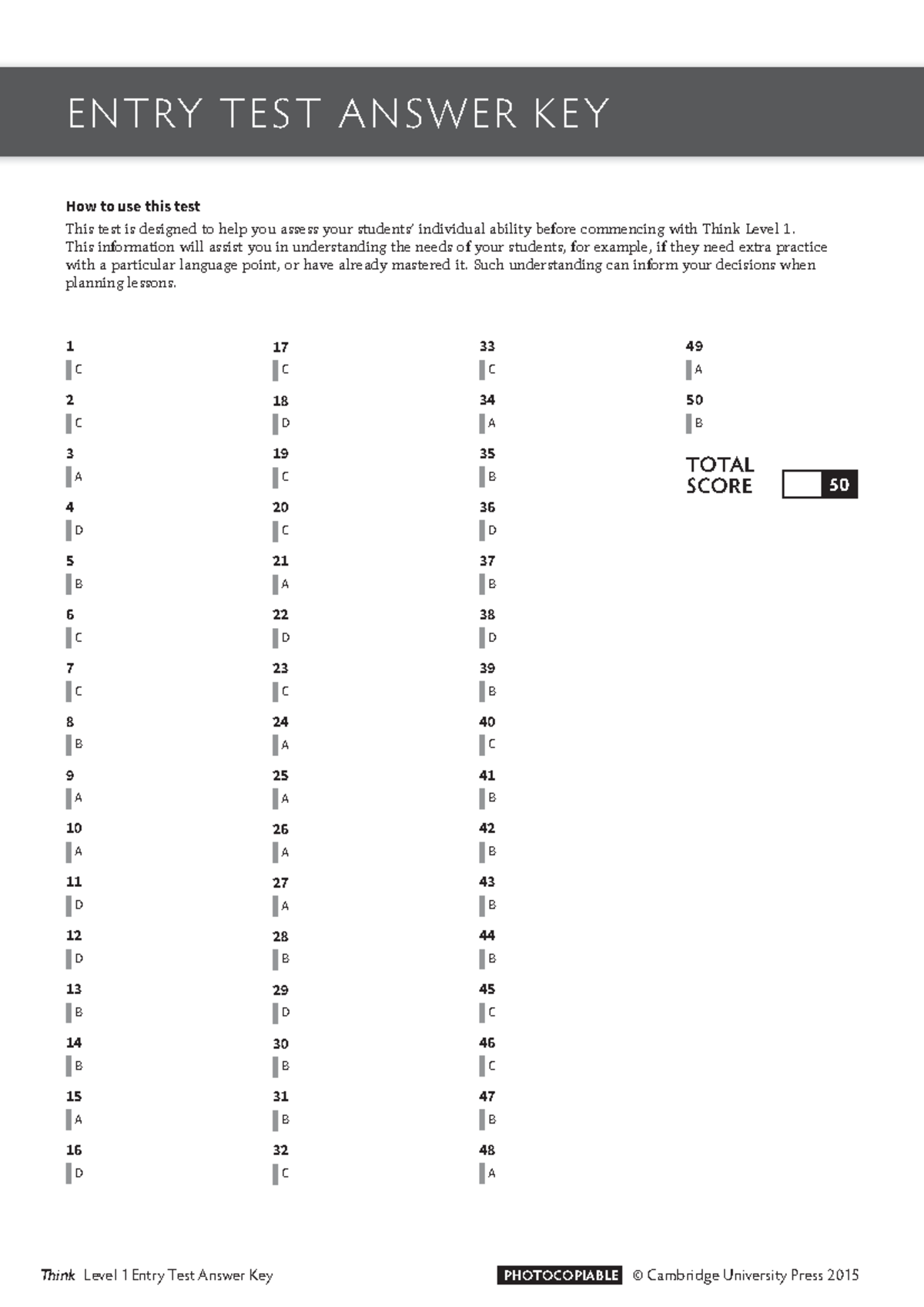 Think Level 1 Entry Test Answer Key - Studocu