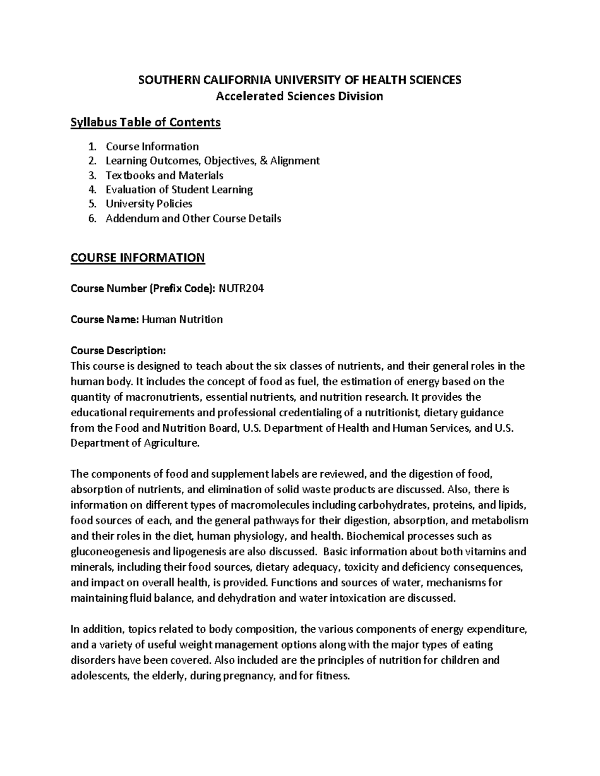 SCU NUTR 204 Human Nutrition Course Syllabus Overview - Studocu