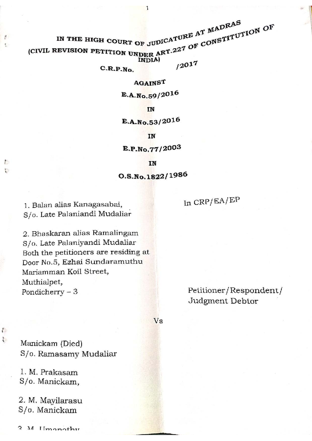 C.R.P. No. 2017: Civil Revision Petition Under Article 227 in High ...