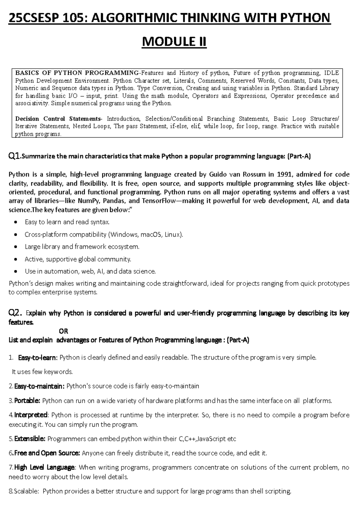 25CSESP 105: Module II - Basics of Python Programming and Key Concepts ...