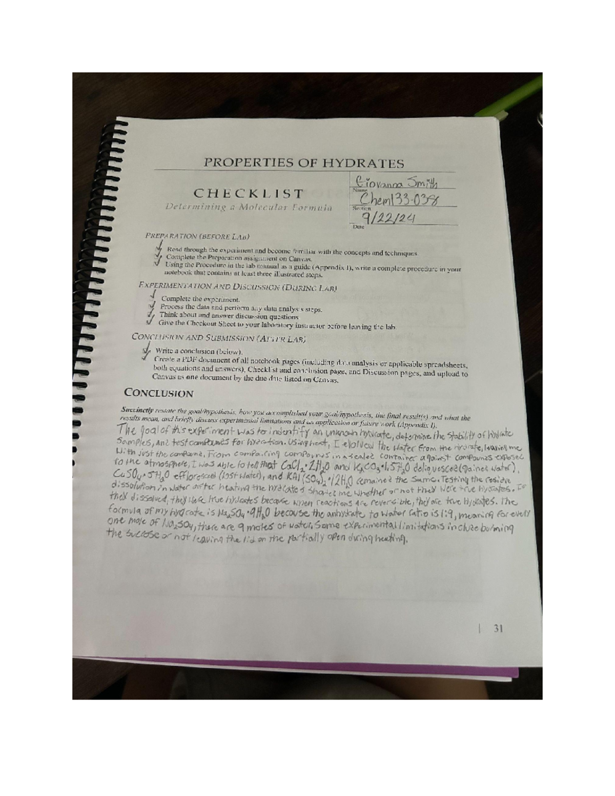 Lab Report: Properties of Hydrates (CHEM 101) - Analysis & Findings ...