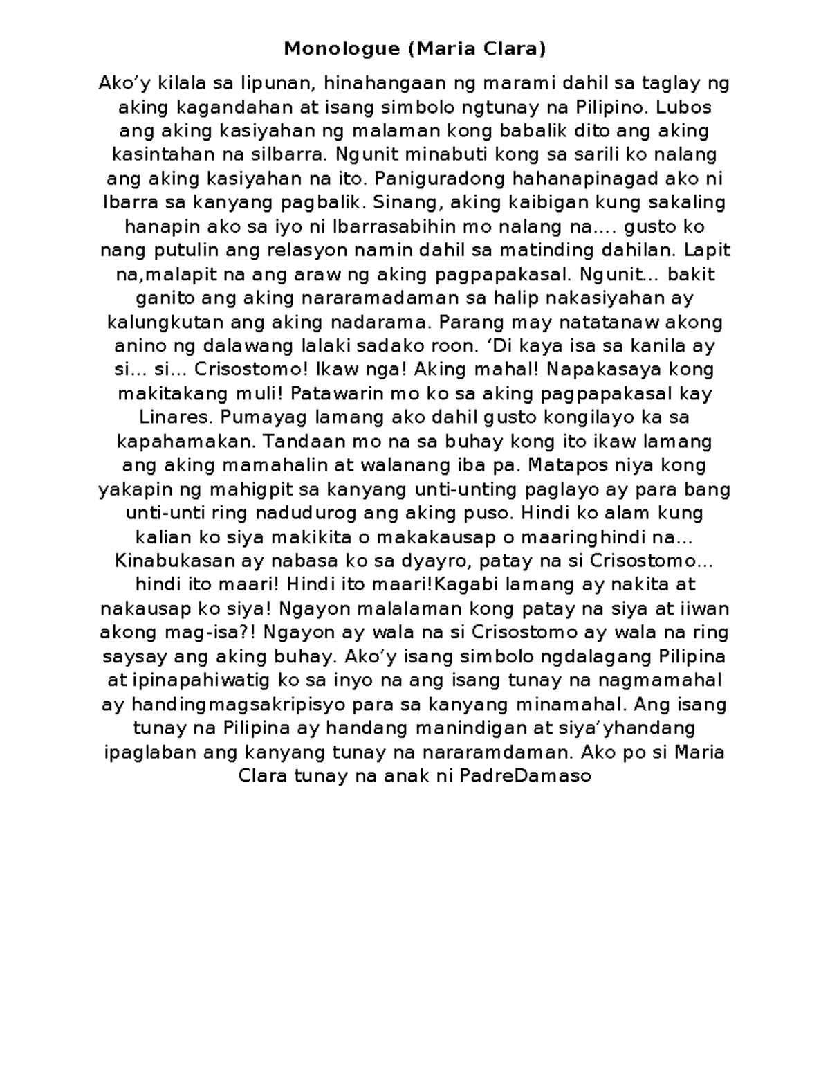 Monologue ni Maria Clara: Isang Paghahayag ng Pag-ibig at Sakripisyo ...