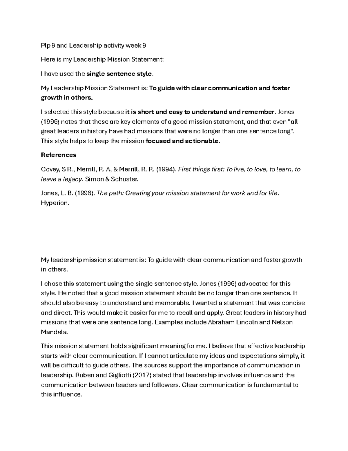 PLP 9: Leadership Mission Statement Activity - Week 9 - Studocu