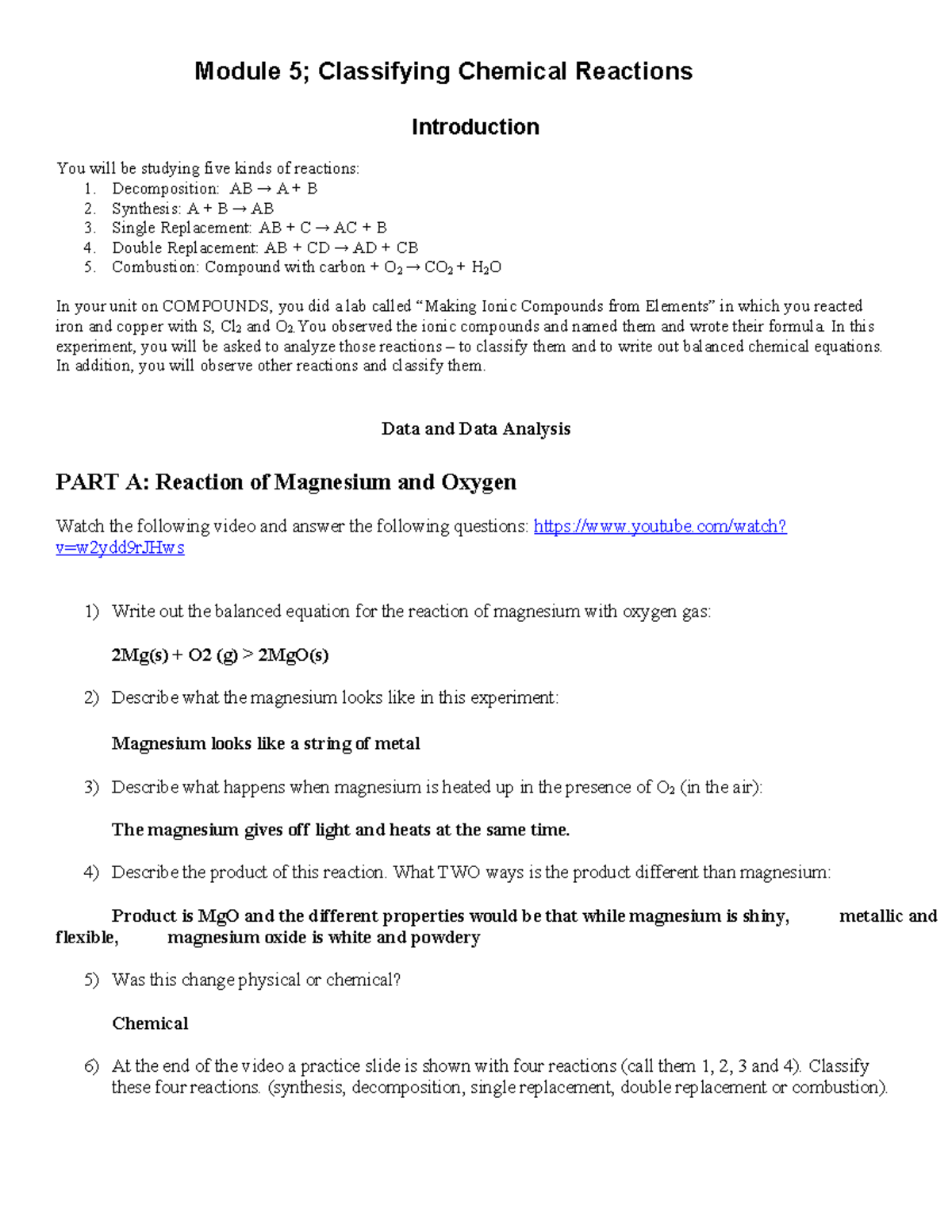 Module 5 Classifying Chemical Reactions - lab turn in - Module 5; Classifying Chemical Reactions ...